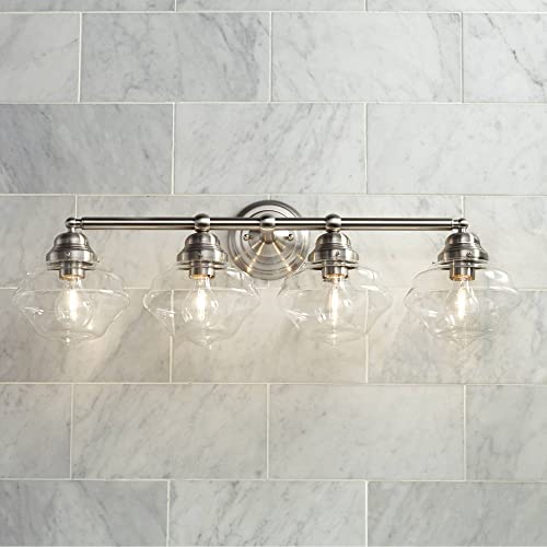 Possini Euro Design Astrid Modern Wall Mount Light Brushed Nickel Silver Metal Hardwired 30 3/4" Wide 4-Light Fixture Schoolhouse Clear Glass for Bathroom Vanity Mirror House Home Room Decor