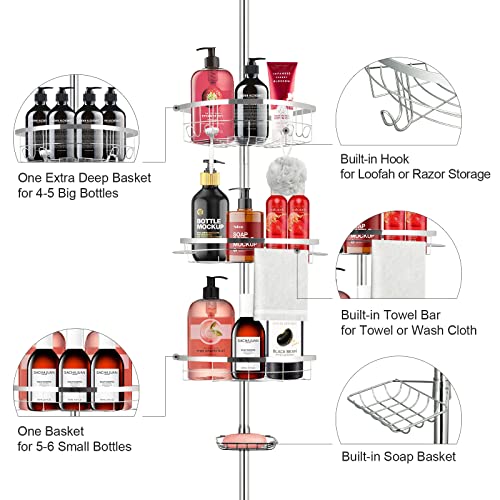 Lucalda Corner Shower Caddy Tension Pole, Stainless Steel Pole Organizer, Rustproof Shower Corner Shelf, Adjustable Shower Shelf with 4 Tier Baskets and 1 Towel Bar, 59-110 Inches, Silver