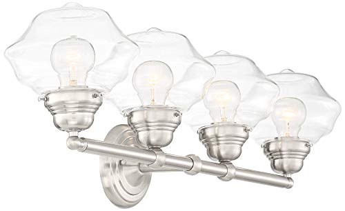 Possini Euro Design Astrid Modern Wall Mount Light Brushed Nickel Silver Metal Hardwired 30 3/4" Wide 4-Light Fixture Schoolhouse Clear Glass for Bathroom Vanity Mirror House Home Room Decor
