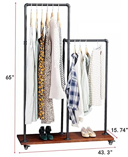GIMHAI HOME Industrial Heavy Duty Hanging clothes Rack,Pipe Double Rod Garment Rack with Wheels - Parent-child Rolling Clothing Rack โ Steampunk Clothes Racks for Hanging Clothes