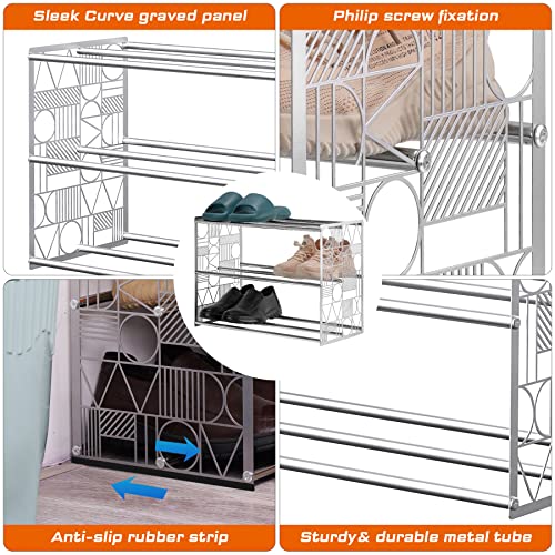 NiHome Silver 3-Tier Shoe Rack - Geometric Patterned Multi-Layered Organizer for Small Spaces with 6 Pair Storage Capacity, Ideal for Closets, Hallways, Entryways, Living Rooms and Bedrooms