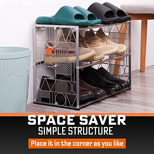 NiHome Silver 3-Tier Shoe Rack - Geometric Patterned Multi-Layered Organizer for Small Spaces with 6 Pair Storage Capacity, Ideal for Closets, Hallways, Entryways, Living Rooms and Bedrooms