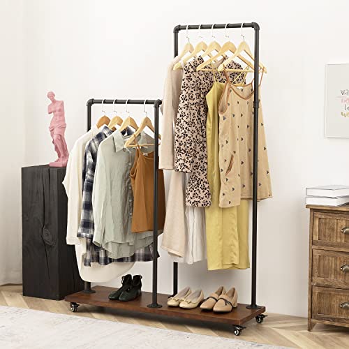 GIMHAI HOME Industrial Heavy Duty Hanging clothes Rack,Pipe Double Rod Garment Rack with Wheels - Parent-child Rolling Clothing Rack โ Steampunk Clothes Racks for Hanging Clothes
