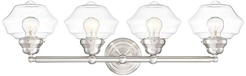 Possini Euro Design Astrid Modern Wall Mount Light Brushed Nickel Silver Metal Hardwired 30 3/4" Wide 4-Light Fixture Schoolhouse Clear Glass for Bathroom Vanity Mirror House Home Room Decor