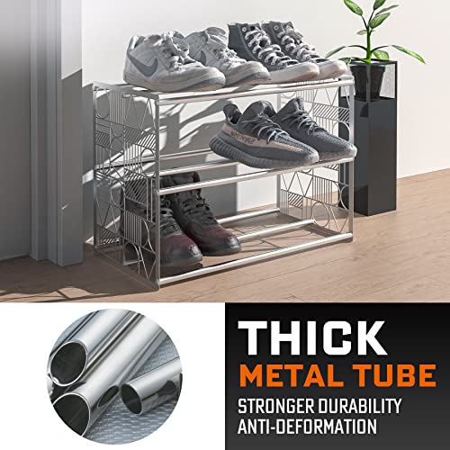 NiHome Silver 3-Tier Shoe Rack - Geometric Patterned Multi-Layered Organizer for Small Spaces with 6 Pair Storage Capacity, Ideal for Closets, Hallways, Entryways, Living Rooms and Bedrooms