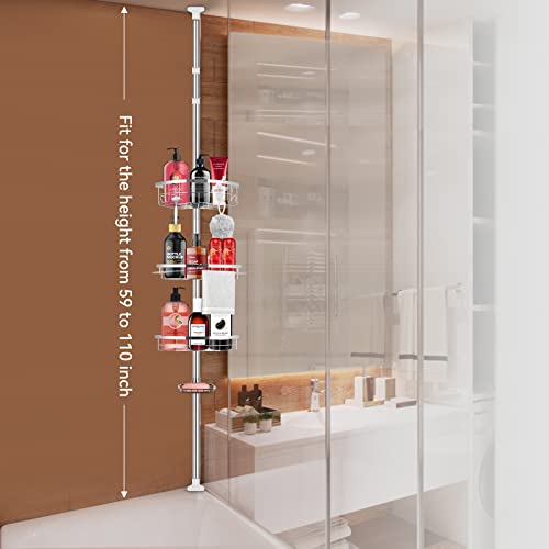 Lucalda Corner Shower Caddy Tension Pole, Stainless Steel Pole Organizer, Rustproof Shower Corner Shelf, Adjustable Shower Shelf with 4 Tier Baskets and 1 Towel Bar, 59-110 Inches, Silver