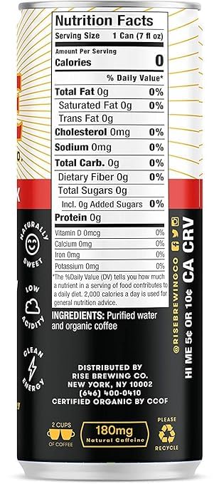 RISE Brewing Co. | Original Black Nitro Cold Brew Coffee | Sugar and Gluten-Free, Vegan | Organic & Non-GMO | Low Acidity | 7 fl. oz. Cans (4 Pack)