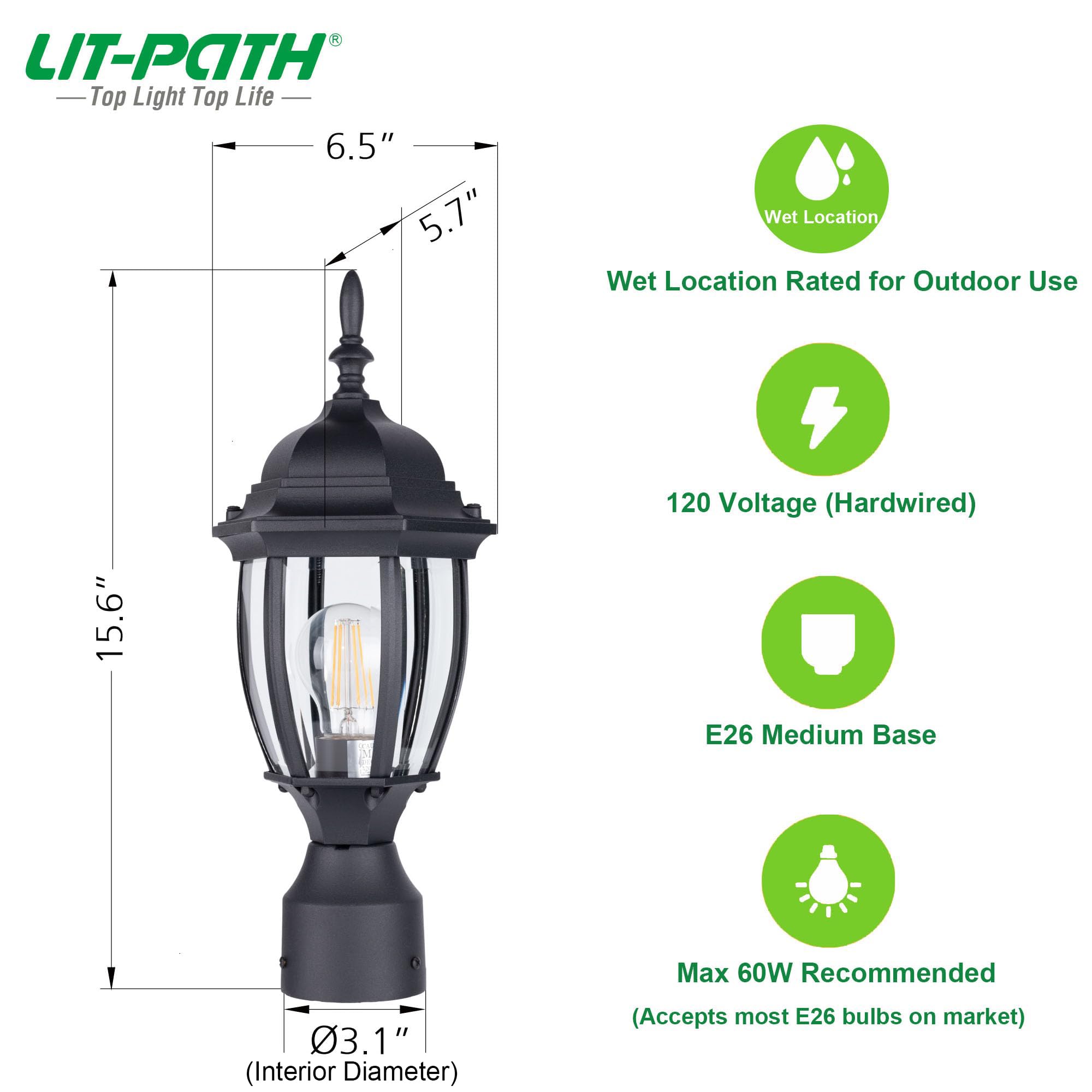 LIT-PaTH Outdoor Post Lighting Fixture Pole Lantern, E26 Medium Base Max 60W, Aluminum Housing Plus Glass, Matte Black Finish, 1-Pack