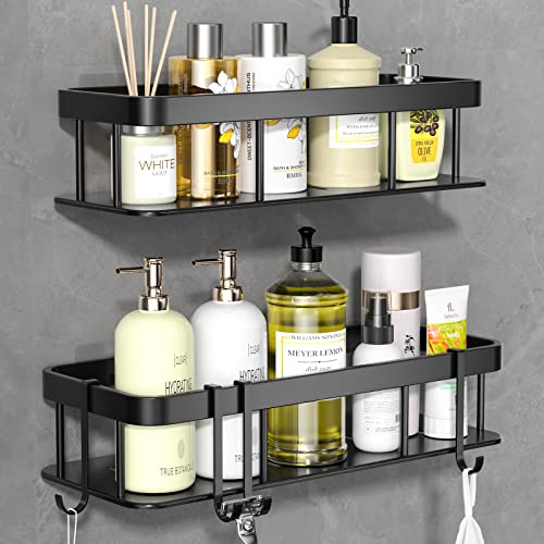 Eleulife Shower Caddy Shelf Basket, 2 Pack Shower Organizer No Drilling Adhesive Shower Storage Shelves Rack for Bathroom, Kitchen, Toilet, No Drilling, Rustproof (Black)