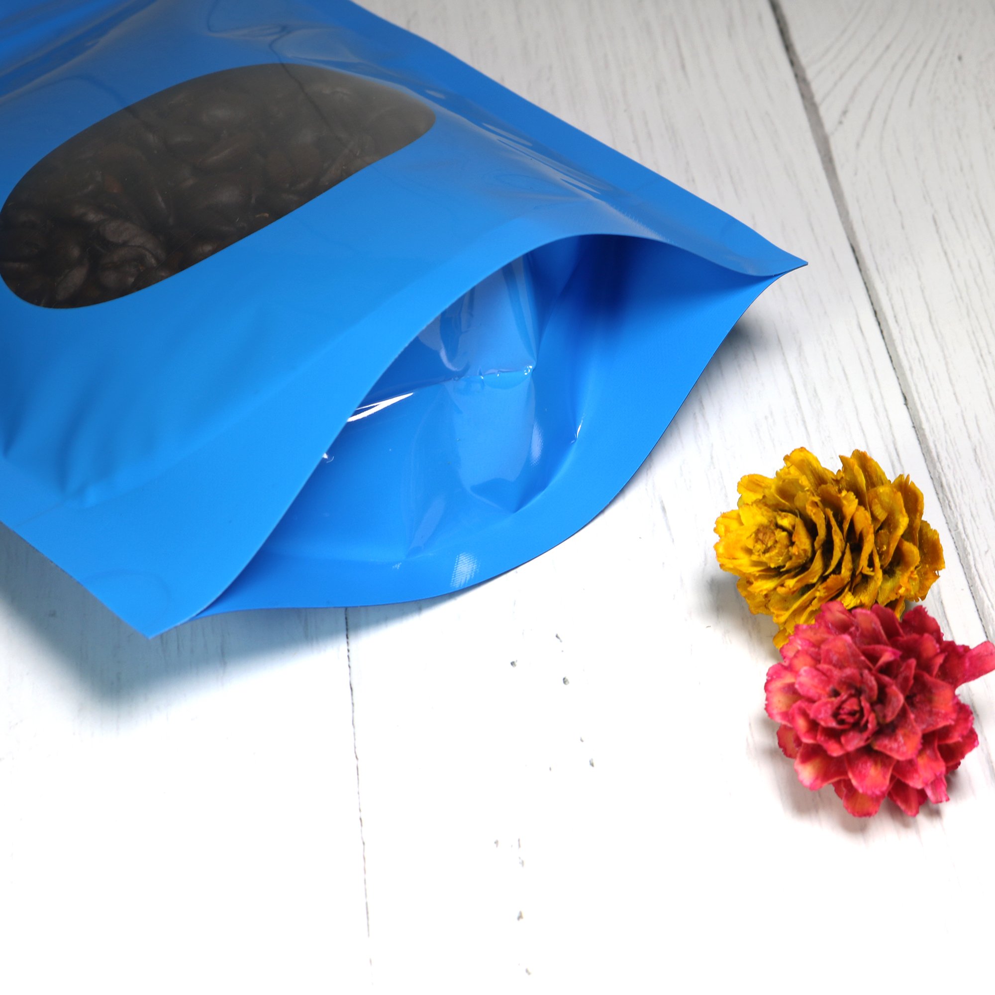Double-Sided Matte/Glossy Color with Clear Round Window Stand-Up Pouch (100 Bags/Pack) (4" x 6.3", Glossy Blue)
