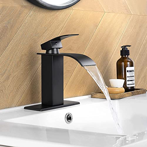 Qomolangma Black Waterfall Spout Bathroom Faucet, Single Handle Bathroom Vanity Sink Faucets, Rv Lavatory Vessel Faucet Suitable for 1 or 3 Holes with 6 Inch Deck Plate & Hose Matte Black