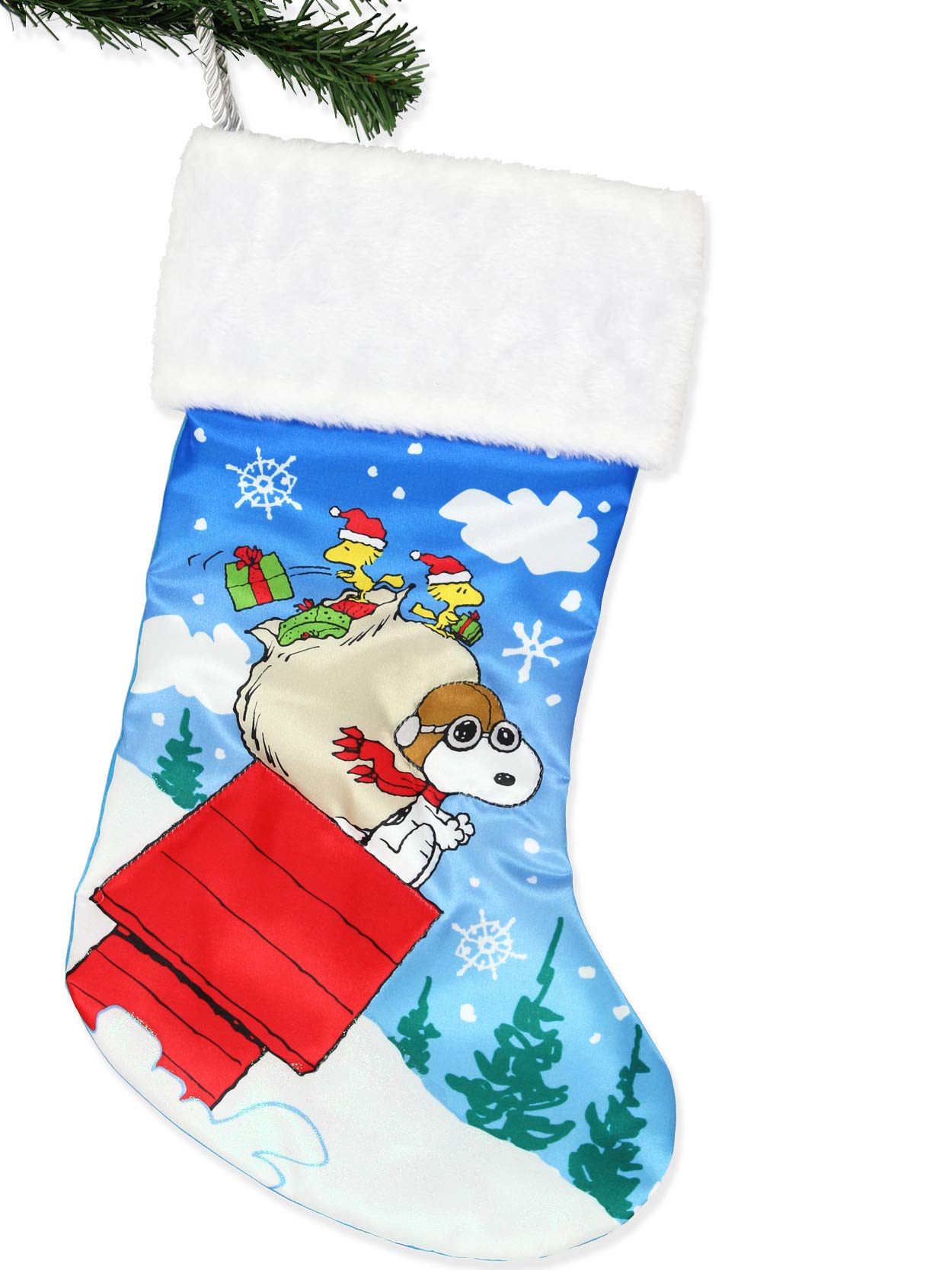 Peanuts Snoopy Kurt Adler Cuffed Satin Holiday Stocking (19", Blue/White)