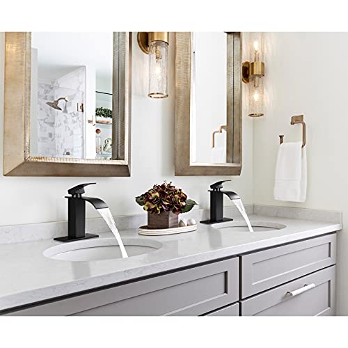 Qomolangma Black Waterfall Spout Bathroom Faucet, Single Handle Bathroom Vanity Sink Faucets, Rv Lavatory Vessel Faucet Suitable for 1 or 3 Holes with 6 Inch Deck Plate & Hose Matte Black