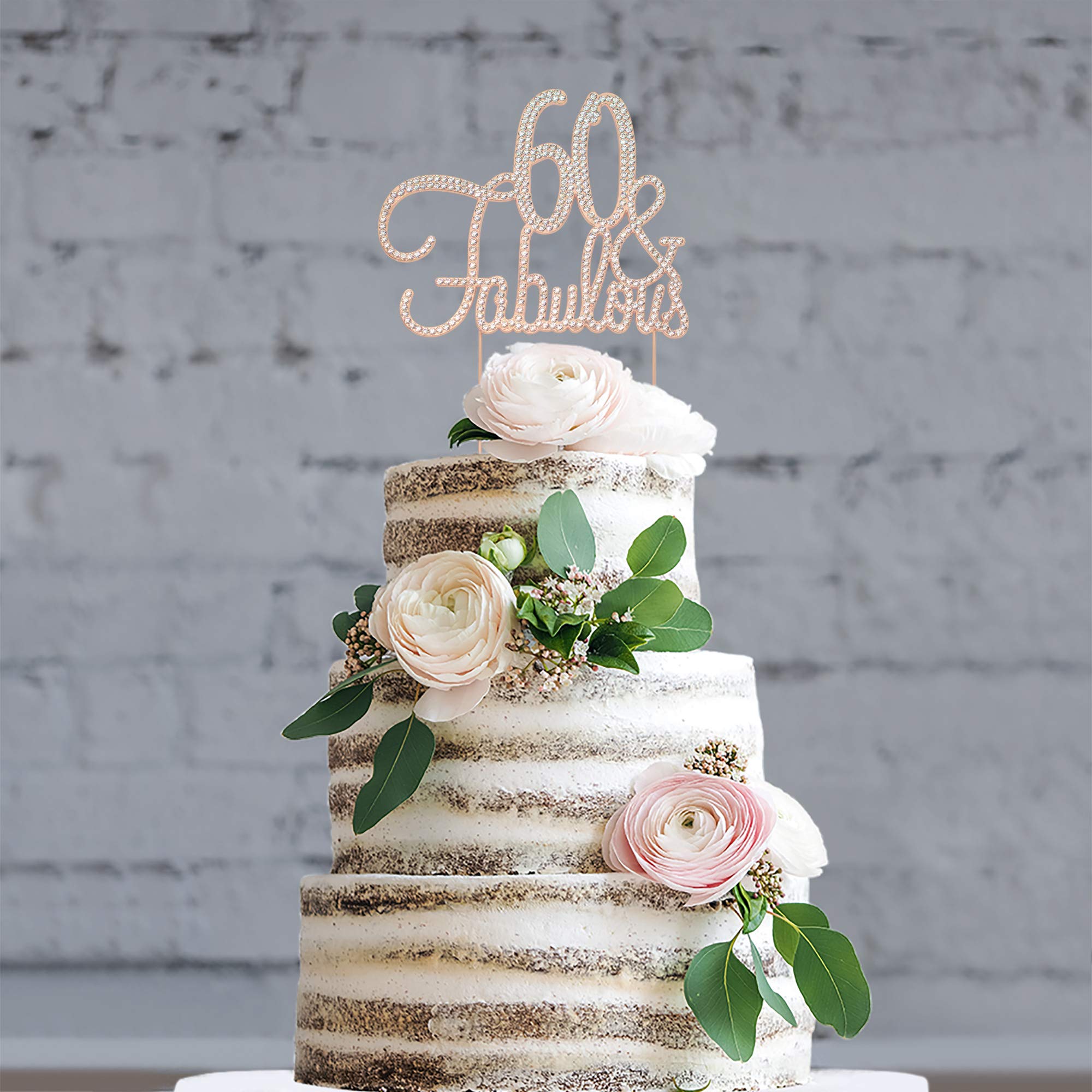60 Cake Topper - Premium Rose Gold Metal - 60 and Fabulous - 60th Birthday Party Sparkly Rhinestone Decoration Makes a Great Centerpiece - Now Protected in a Box