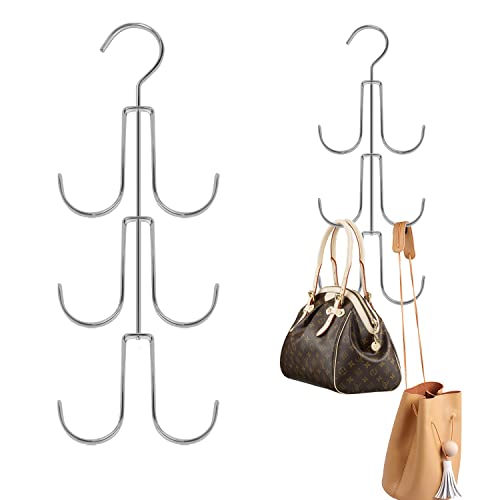 BONYCUST Purse Organizer for Closet, 2 Pack Purse Hanger with 6 Hooks Metal Handbag Storage Hook for Handbag, Purses, Hat, Scarf (Silver)