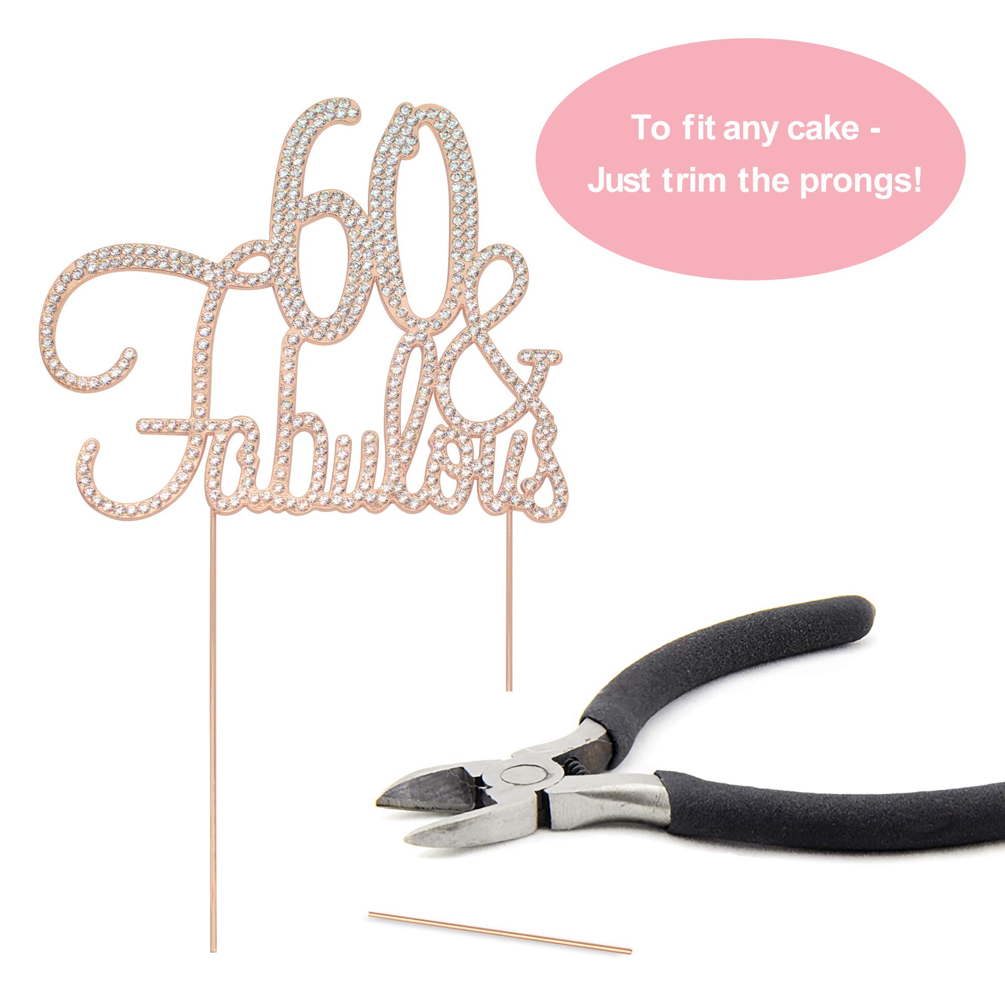 60 Cake Topper - Premium Rose Gold Metal - 60 and Fabulous - 60th Birthday Party Sparkly Rhinestone Decoration Makes a Great Centerpiece - Now Protected in a Box