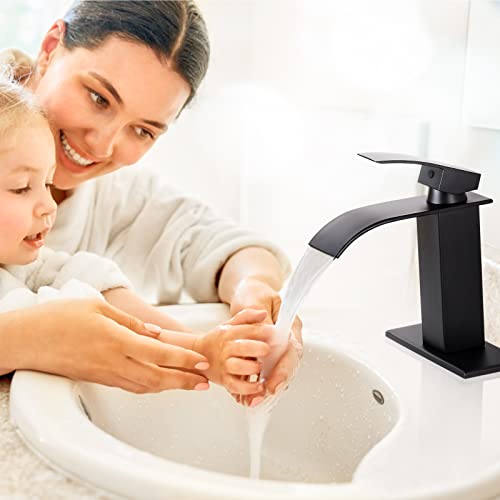 Qomolangma Black Waterfall Spout Bathroom Faucet, Single Handle Bathroom Vanity Sink Faucets, Rv Lavatory Vessel Faucet Suitable for 1 or 3 Holes with 6 Inch Deck Plate & Hose Matte Black