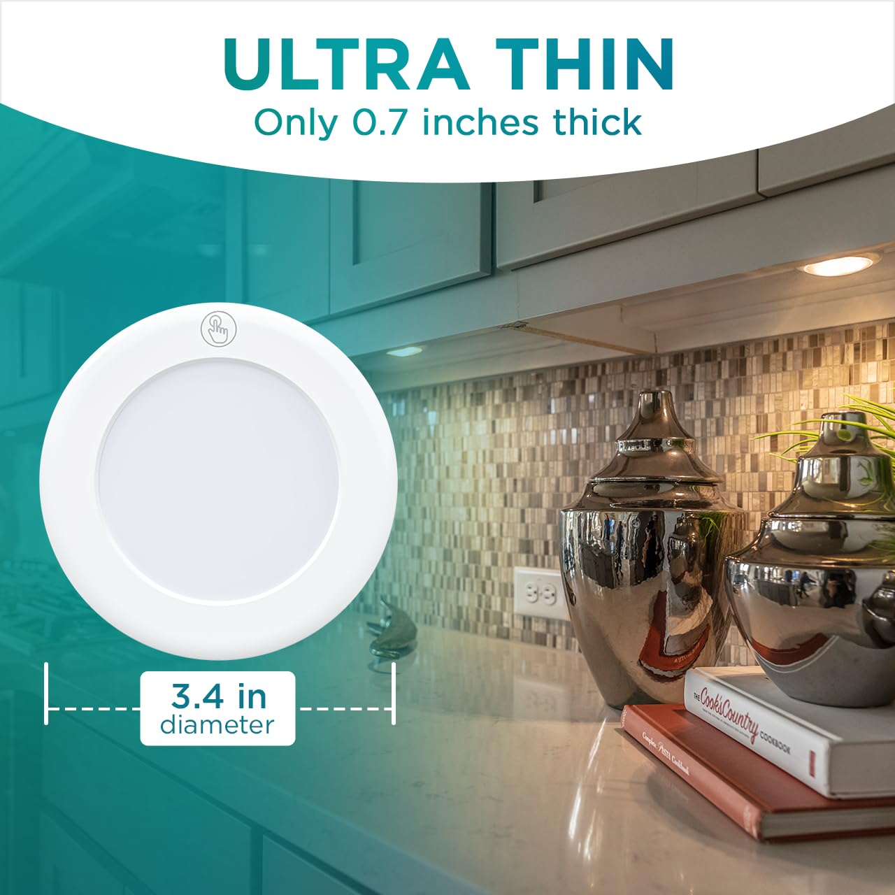 Brilliant Evolution Ultra Thin Wireless LED Touch Lights Stick On - Battery Operated Under Cabinet Lighting - Round Puck Lights for Closet, Countertop - Stick On Push Lights for Home Decor - Pack of 2