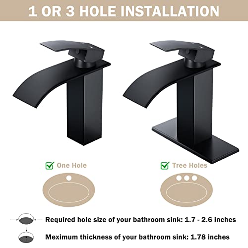 Qomolangma Black Waterfall Spout Bathroom Faucet, Single Handle Bathroom Vanity Sink Faucets, Rv Lavatory Vessel Faucet Suitable for 1 or 3 Holes with 6 Inch Deck Plate & Hose Matte Black
