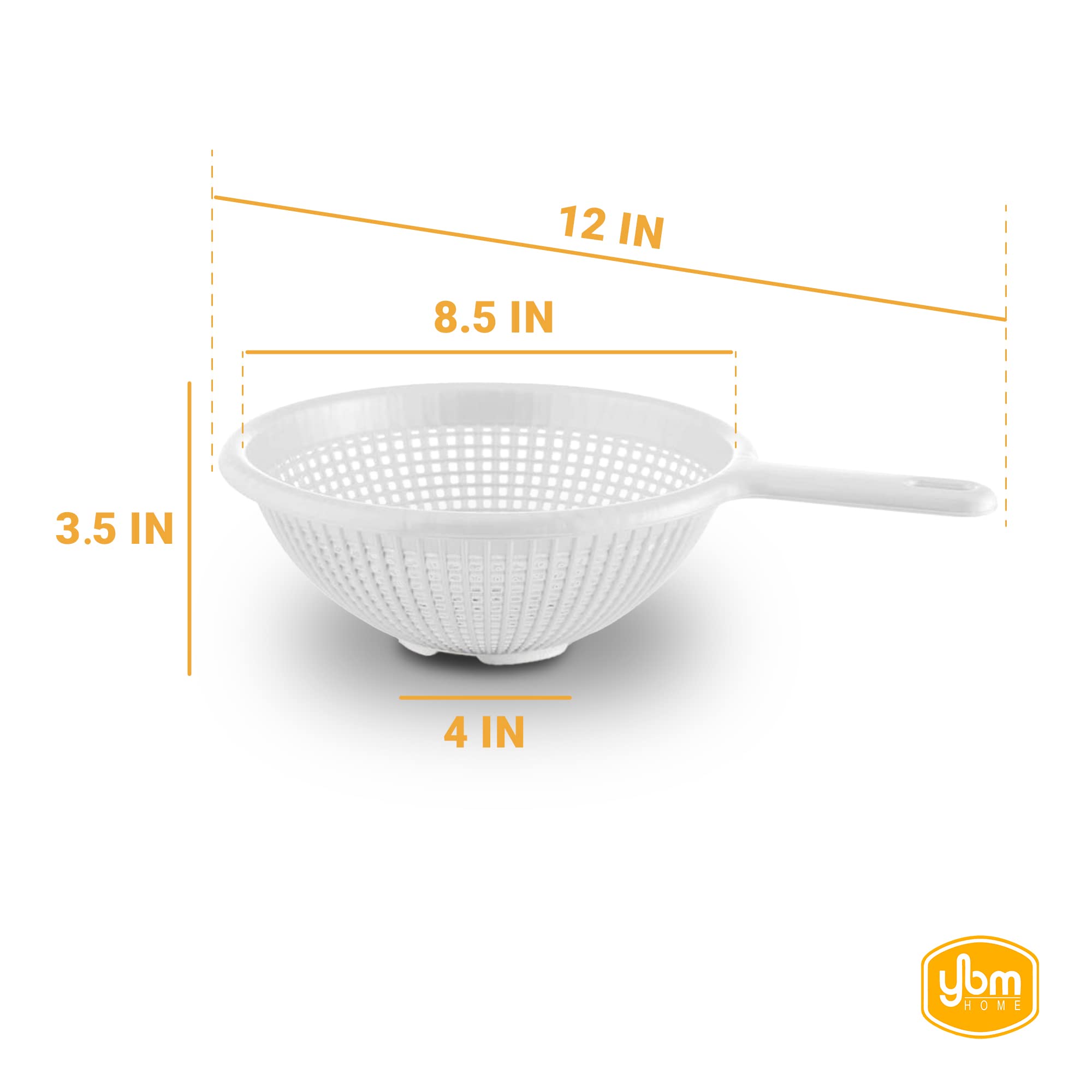 YBM Home 8.5 Inch Deep Plastic Strainer Colander with Long Handle – Made of Food Safe BPA-Free Plastic - Durable and Dishwasher Safe - Use for Pasta, Noodles, Spaghetti, Vegetables and More (1, White)