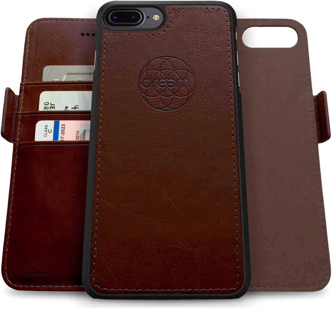 Dreem Fibonacci 2-in-1 Wallet Case for Apple iPhone 8 Plus & 7 Plus - Luxury Vegan Leather, Magnetic Detachable Shockproof Phone Case, RFID Card Protection, 2-Way Flip Stand - Coffee
