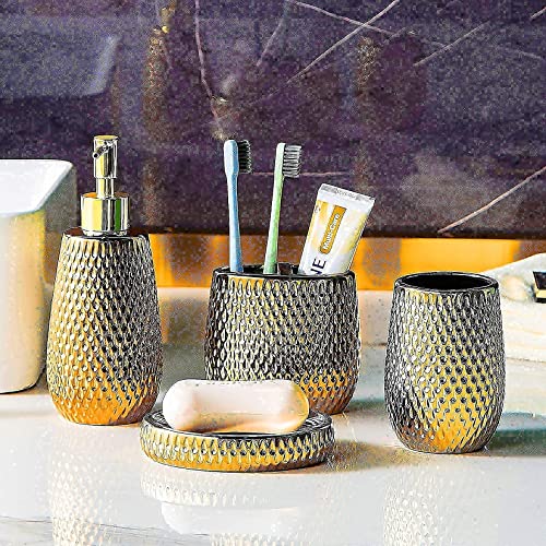 BASDHE Bathroom Accessories Set 5 Piece Bath Ensemble Includes Trash Can,Toothbrush Holder,Toothbrush Cup,Soap Dispenser,Soap Dish for Decorative Countertop and Housewarming Gift, Yellow