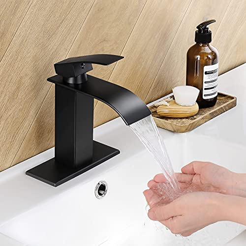 Qomolangma Black Waterfall Spout Bathroom Faucet, Single Handle Bathroom Vanity Sink Faucets, Rv Lavatory Vessel Faucet Suitable for 1 or 3 Holes with 6 Inch Deck Plate & Hose Matte Black