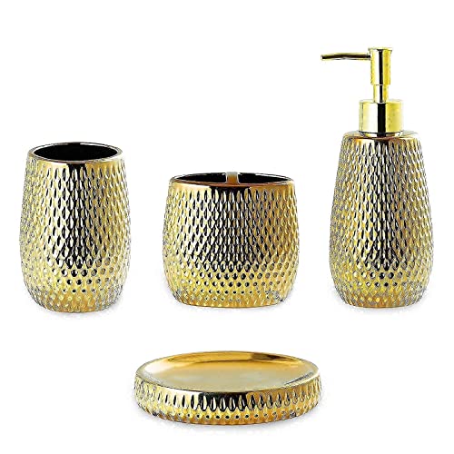 BASDHE Bathroom Accessories Set 5 Piece Bath Ensemble Includes Trash Can,Toothbrush Holder,Toothbrush Cup,Soap Dispenser,Soap Dish for Decorative Countertop and Housewarming Gift, Yellow