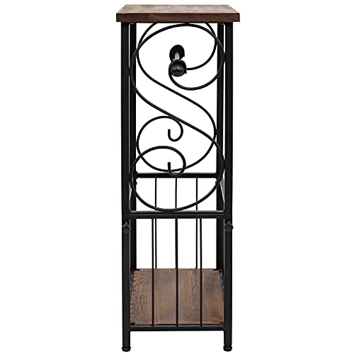 MyGift Freestanding Rustic Burnt Wood Toilet Paper Stand with Display Shelf and Matte Black Metal Scrollwork Magazine Basket, Holds up to 2 Toilet Paper Rolls