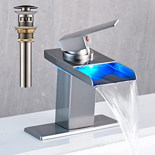 AVSIILE LED Bathroom Sink Faucet, Brushed Nickel Waterfall Single Hole Handle RV Bath Vanity Faucets for Sinks 1 Hole with Metal Pop Up Drain and 2 Water Supply Lines, Stainless Steel Spout