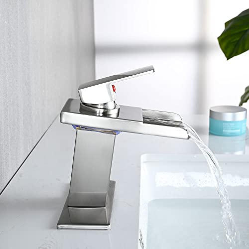 AVSIILE LED Bathroom Sink Faucet, Brushed Nickel Waterfall Single Hole Handle RV Bath Vanity Faucets for Sinks 1 Hole with Metal Pop Up Drain and 2 Water Supply Lines, Stainless Steel Spout