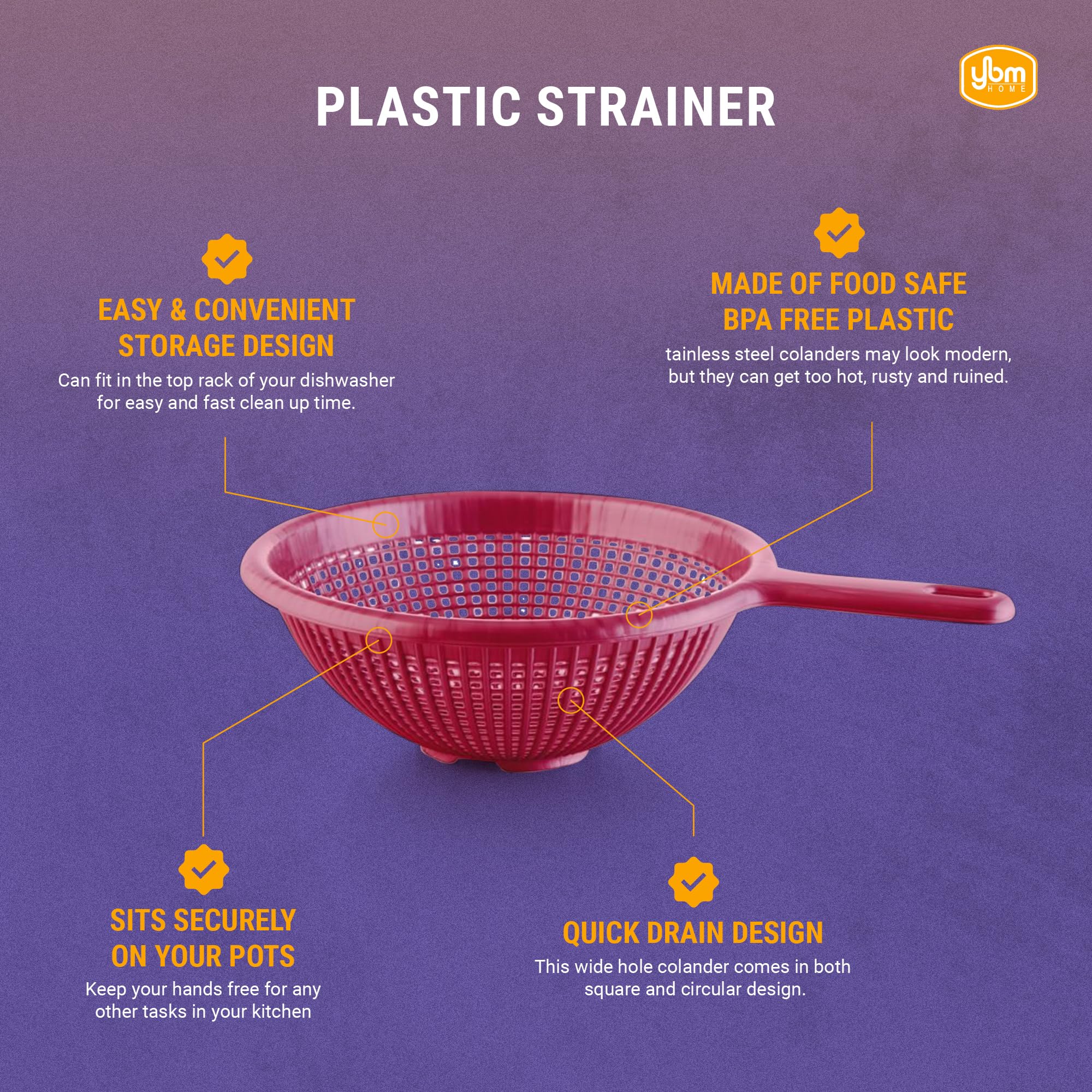 YBM Home 8.5 Inch Deep Plastic Strainer Colander with Long Handle – Made of Food Safe BPA-Free Plastic - Durable and Dishwasher Safe - Use for Pasta, Noodles, Spaghetti, Vegetables and More (1, White)