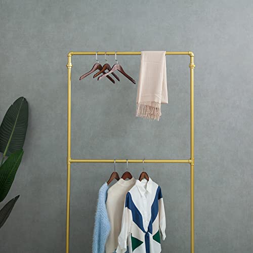 CIVANA 2 Tiers Iron Pipe Clothing Rack, Garment Display Shelf, Commercial Clothes Hanger, Retail Cloth Hanging Bar, Steampunk Style, Gold, 78.7inch