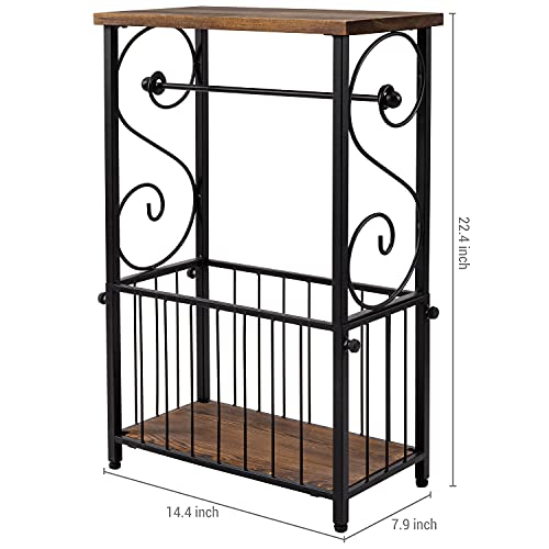 MyGift Freestanding Rustic Burnt Wood Toilet Paper Stand with Display Shelf and Matte Black Metal Scrollwork Magazine Basket, Holds up to 2 Toilet Paper Rolls