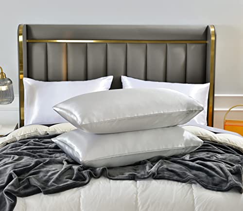 Pack of 2 Satin Pillowcases for Hair and Skin, Satin Pillow Cases Set of 2 Pillow Cover with Envelop Closure (King, Silver)
