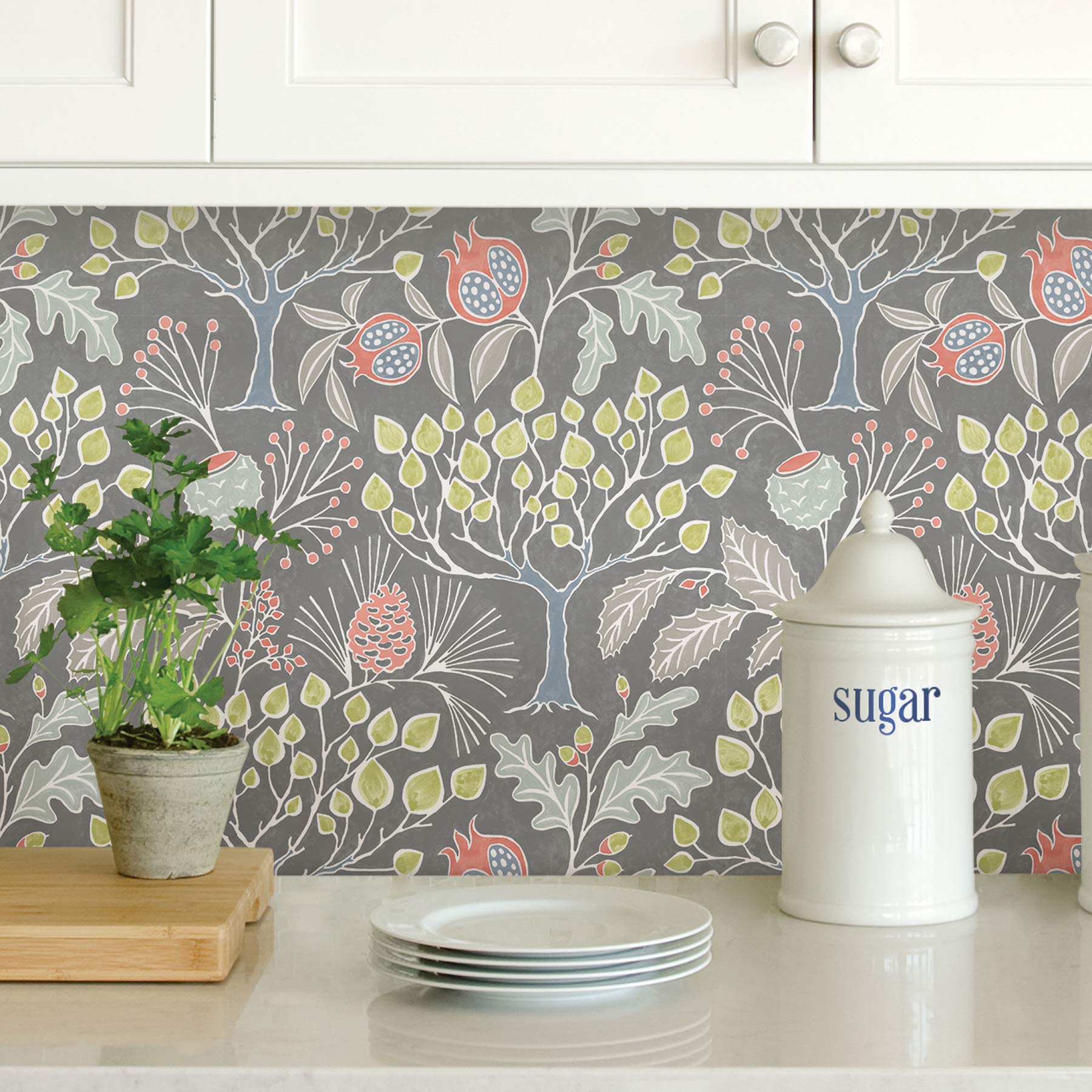 NuWallpaper NU3039 Groovy Garden Grey Peel & Stick Wallpaper, Multicolor