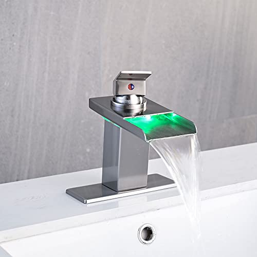 AVSIILE LED Bathroom Sink Faucet, Brushed Nickel Waterfall Single Hole Handle RV Bath Vanity Faucets for Sinks 1 Hole with Metal Pop Up Drain and 2 Water Supply Lines, Stainless Steel Spout