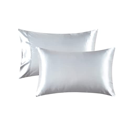 Pack of 2 Satin Pillowcases for Hair and Skin, Satin Pillow Cases Set of 2 Pillow Cover with Envelop Closure (King, Silver)