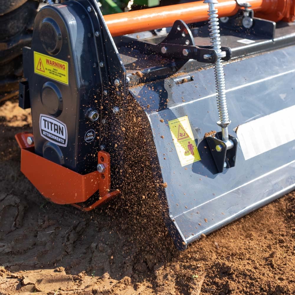 Titan Attachments 3 Point 60" Rotary Tiller Attachment Fits Cat 1 Tractors, Charcoal Finish, Single Speed PTO Driven Cultivator with a 540 RPM Gearbox, Replaceable L-Shaped Tines Work 5" Deep