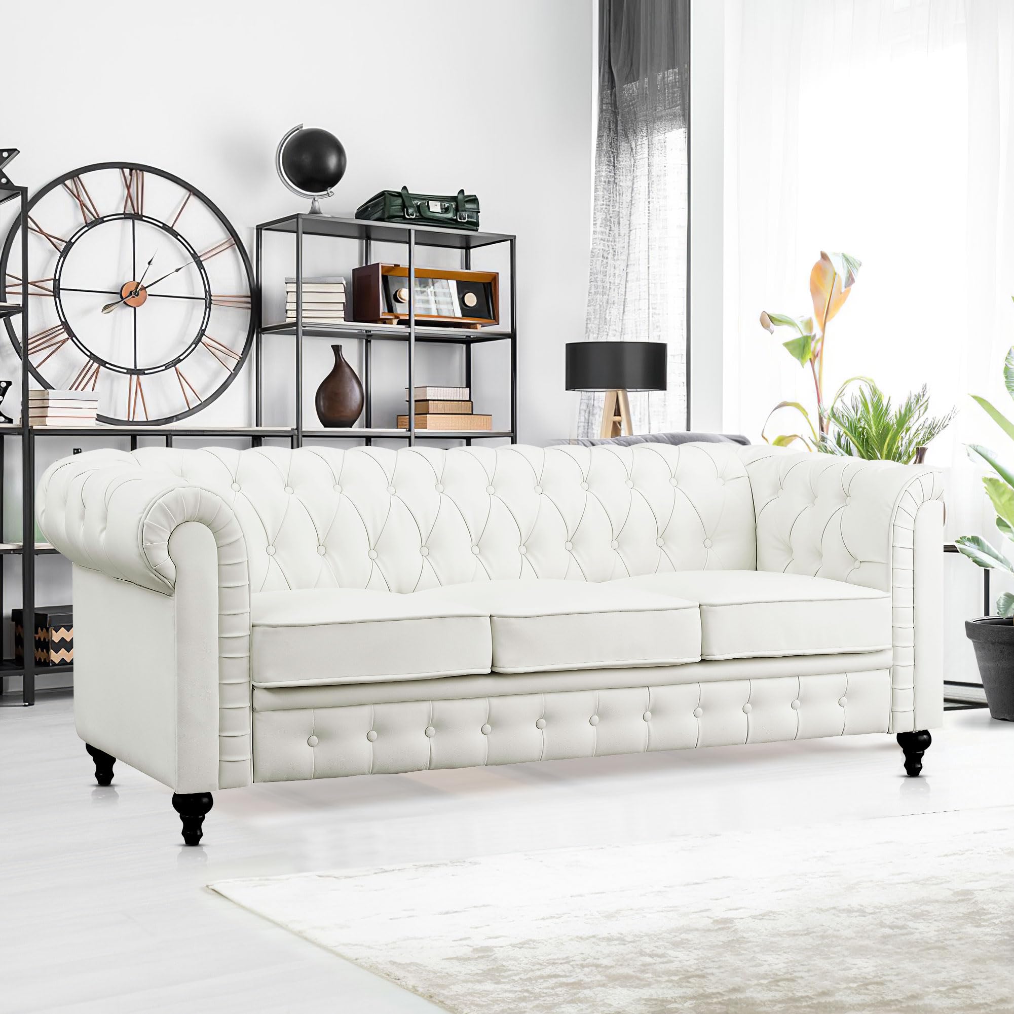 Naomi Home Emery Chesterfield Sofa with Rolled Arms, Tufted Cushions / 3 Seater Sectional Sofa Couch for Small Spaces, Living Room, Bedroom, Apartment Easy Tool-Free Assembly β Off White