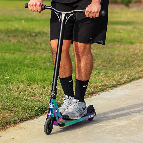 Xspec Rainbow Neo Chrome Pro Stunt Kick Scooter, Unique Oil Slick Anodized Design, Aluminium with BMX Handlebars Reinforced Aluminium Wheels and Fork