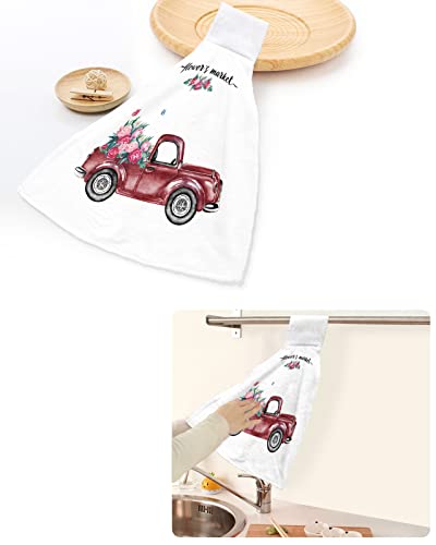 Hanging Hand Towels Kitchen Towel Spring Red Car with Flowers and Green Leaves Bathroom Hand Towels with Loop Tie Towels Soft,Absorbent Tea Bar Towels,2pcs