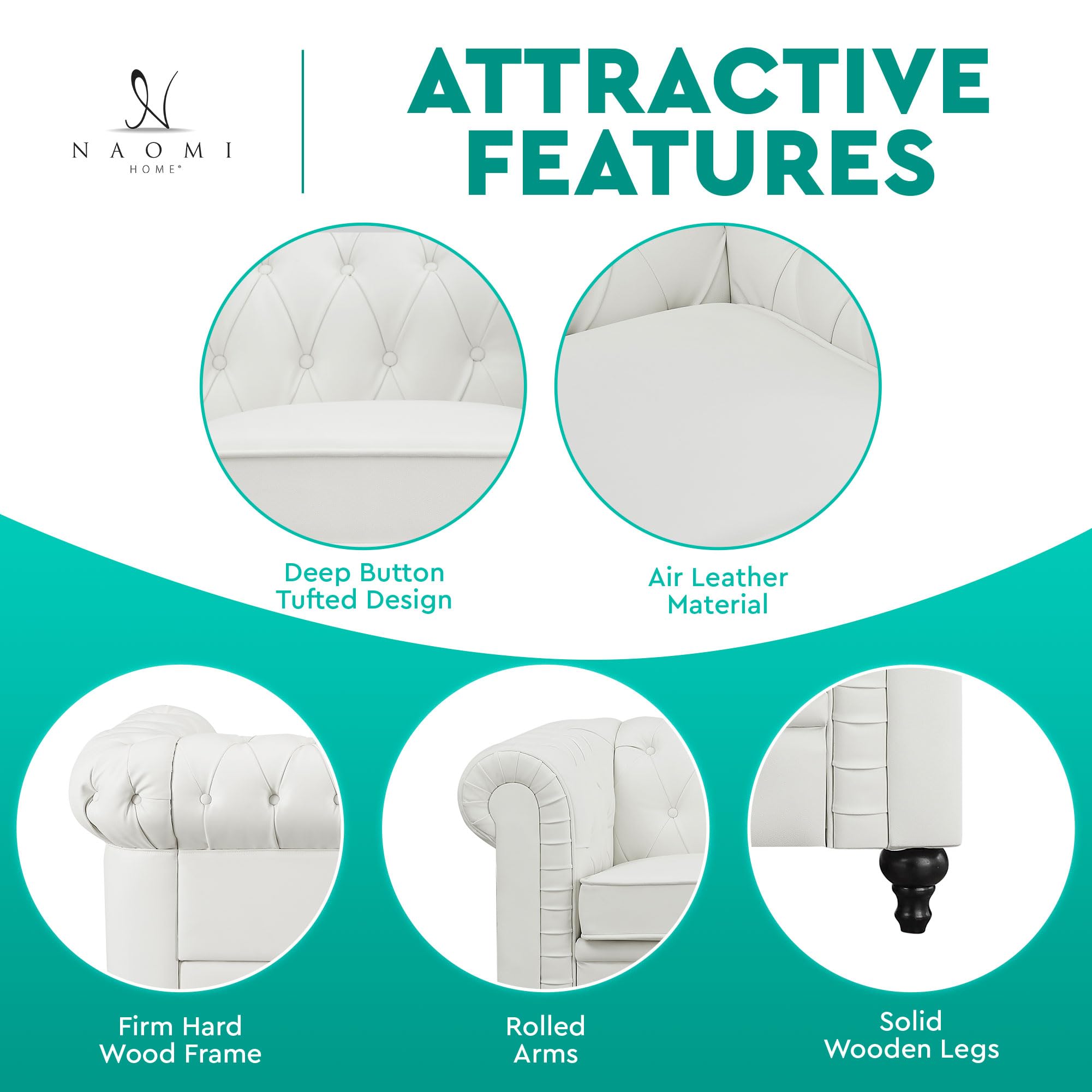 Naomi Home Emery Chesterfield Sofa with Rolled Arms, Tufted Cushions / 3 Seater Sectional Sofa Couch for Small Spaces, Living Room, Bedroom, Apartment Easy Tool-Free Assembly β Off White