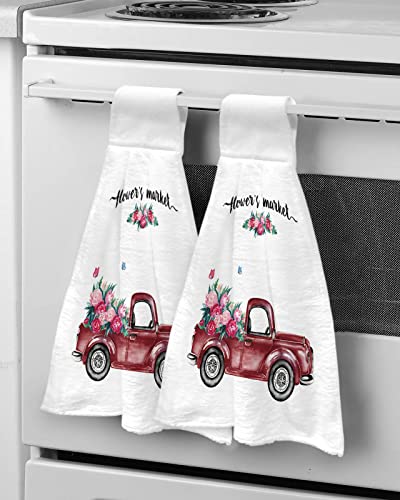 Hanging Hand Towels Kitchen Towel Spring Red Car with Flowers and Green Leaves Bathroom Hand Towels with Loop Tie Towels Soft,Absorbent Tea Bar Towels,2pcs