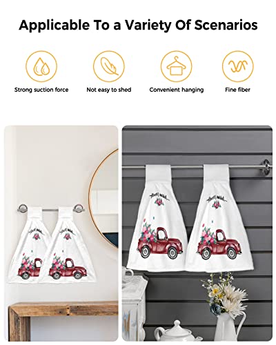 Hanging Hand Towels Kitchen Towel Spring Red Car with Flowers and Green Leaves Bathroom Hand Towels with Loop Tie Towels Soft,Absorbent Tea Bar Towels,2pcs