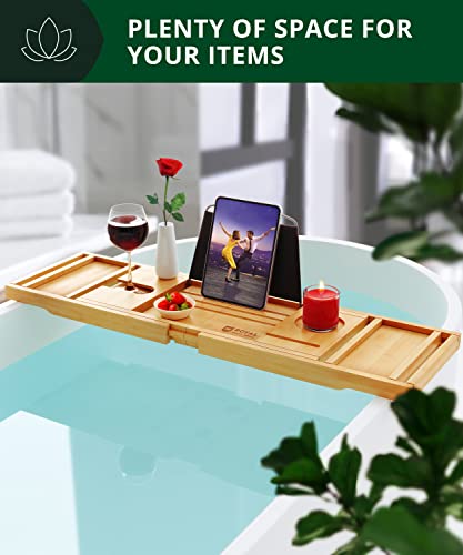 Foldable Bathtub Tray Caddy Bamboo Bathtub Tray Expandable, Bath Tub Table Caddy with Extending Sides - Free Soap Dish