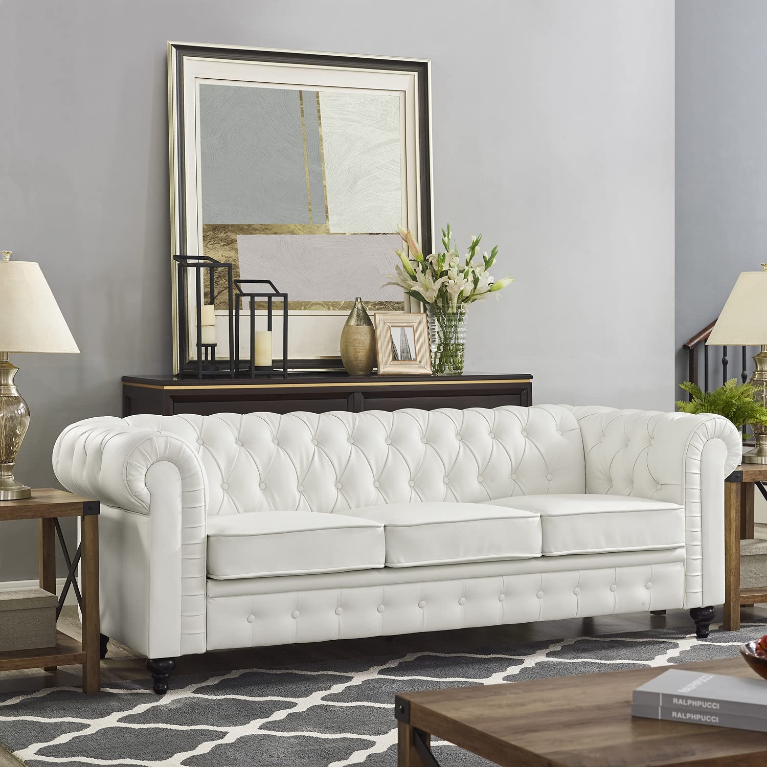 Naomi Home Emery Chesterfield Sofa with Rolled Arms, Tufted Cushions / 3 Seater Sectional Sofa Couch for Small Spaces, Living Room, Bedroom, Apartment Easy Tool-Free Assembly β Off White