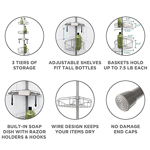 Zenna Home Tension Pole Shower Caddy, 3 Basket Shelves with Soap Tray, Adjustable, 60 to 97 Inch, Satin Nickel