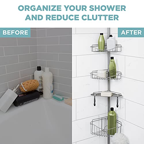 Zenna Home Tension Pole Shower Caddy, 3 Basket Shelves with Soap Tray, Adjustable, 60 to 97 Inch, Satin Nickel