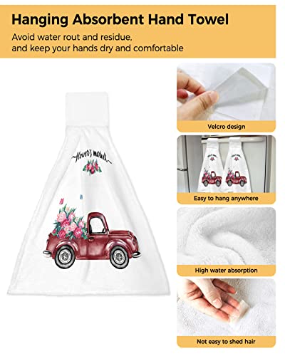 Hanging Hand Towels Kitchen Towel Spring Red Car with Flowers and Green Leaves Bathroom Hand Towels with Loop Tie Towels Soft,Absorbent Tea Bar Towels,2pcs